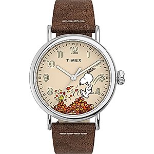 Timex x Peanuts Men's Standard 40mm Watch – Fall Silver-Tone Case Beige Dial with Tan Genuine Leather Strap