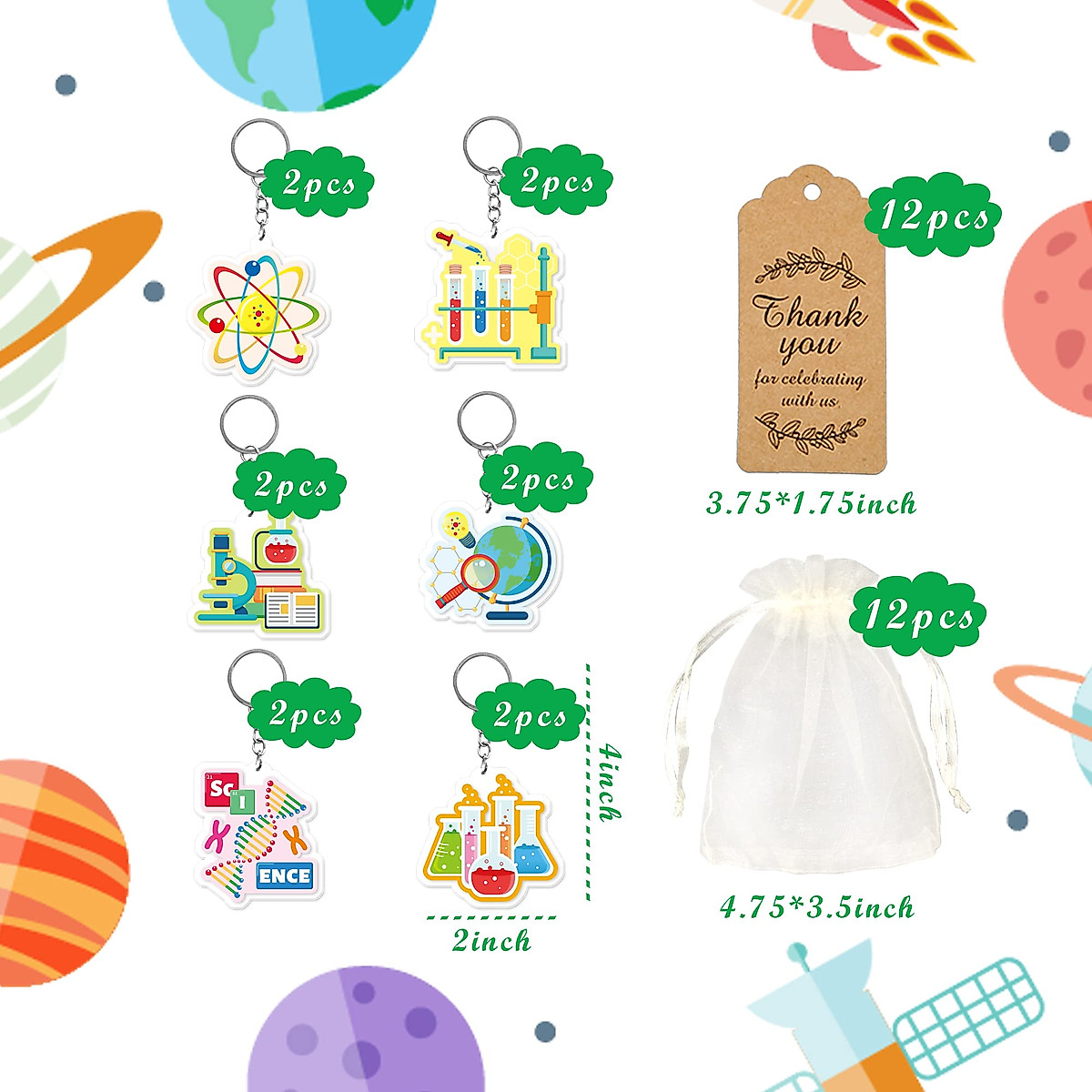BUYWUMORE Science Party Favors 12 Sets with Keychains Thank You Kraft Tags and Organza Bags for Scientist Theme Birthday Party Classroom Rewards School Party Supplies