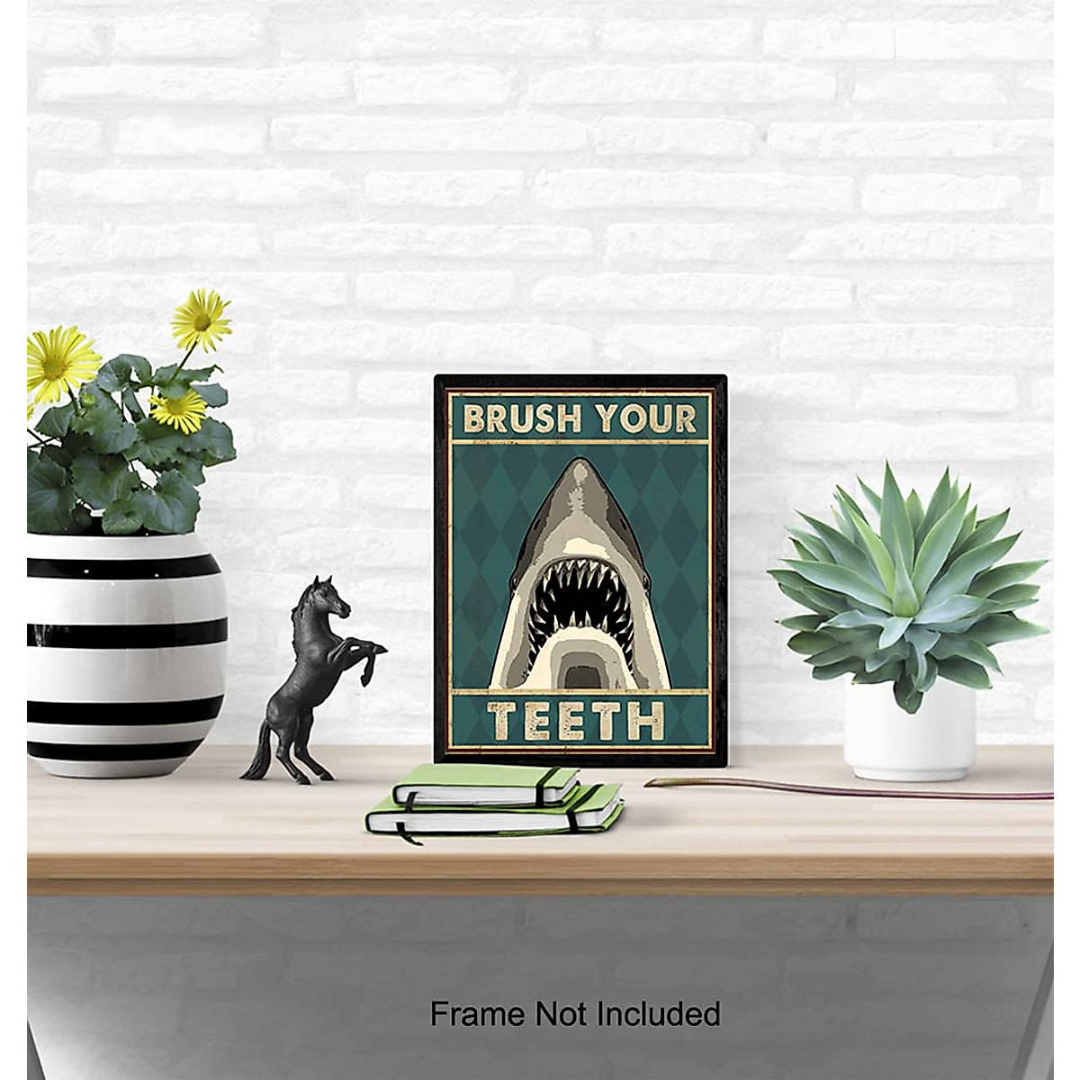 Boys Bathroom Wall Art & Decor - Brush Your Teeth Kids Bathroom Decor - Beach Bathroom Decor - Funny Shark Bathroom Decor - Bath Wall Decor - Unique Restroom Sign - Bathroom Pictures Poster Prints