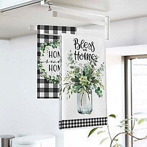 Seliem Summer Eucalyptus Greenery Kitchen Dish Towel Set of 2, Buffalo Plaid Check Absorbent Hand Drying Baking Cooking Cloth, Spring Seasonal Farmhouse Decor Bless Our Sweet Home Decorations 18 x 26