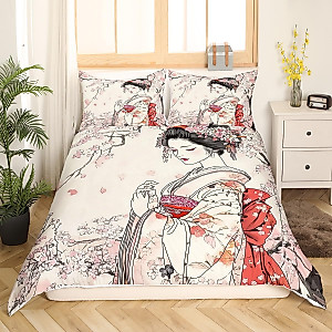 Feelyou Kids Japanese Geisha Bedding Set King Size Boys Girls Cherry Blossoms Comforter Cover Set Japanese Style Duvet Cover Japanese Tradition Aesthetic Bedspread Cover (No Comforter)