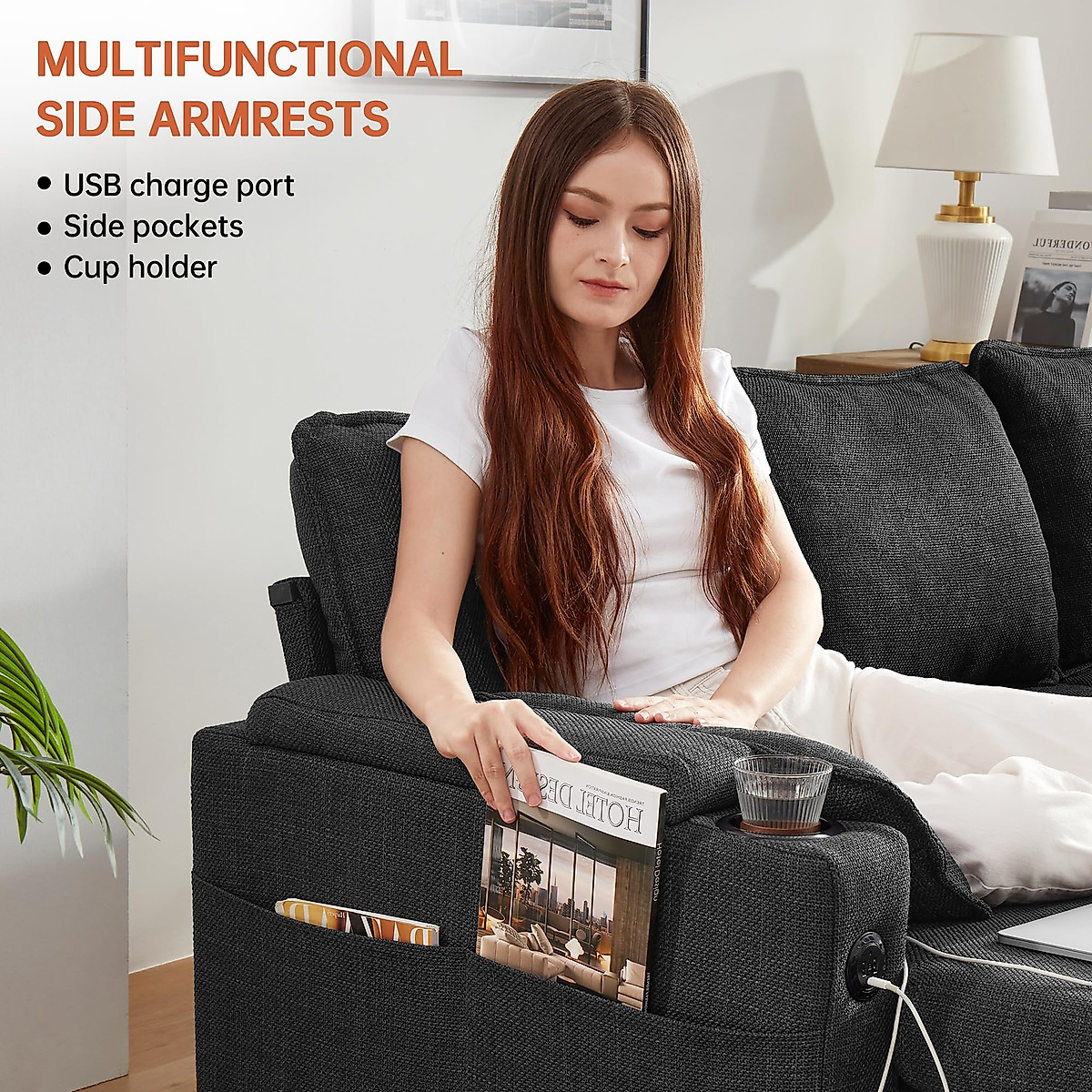 DURASPACE Sofa Bed, Sleeper Sofa Couch with Pullout Bed for Living Room, L Shaped Couch with Storage Chaise, USB, Cup Holder (Dark Gray)