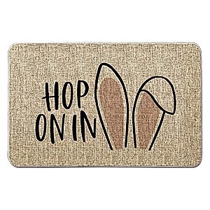 GAGEC Happy Easter Door Mat Hop On in Easter Doormat Cute Bunny Ears Entrance Rugs Spring Farmhouse Indoor Bathroom Home Kitchen Decorations Floor Front Door Mat Outdoor 17 x 27 Inch