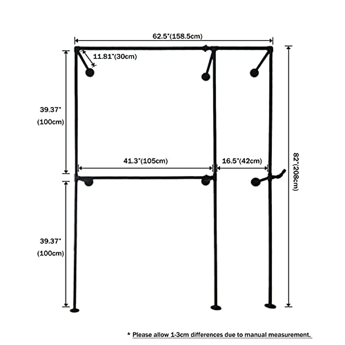 Anynice Industrial Pipe Clothing Rack,Industrial Clothing Rack, Clothing Rods for Hanging Clothes,Clothes Rack,Wall Mounted Garment Rack, Heavy Duty Coat Rack (62.5" W x 14.4" D x82 H, AF01)