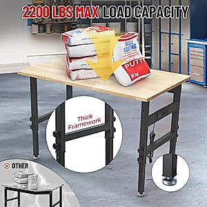 48" Adjustable Work Bench Garage Workbench with Power Outlets, 2200 Lbs Capacity Hardwood Top Work Bench Table Heavy-Duty Workbench for Garage, Workshop, Office, Home