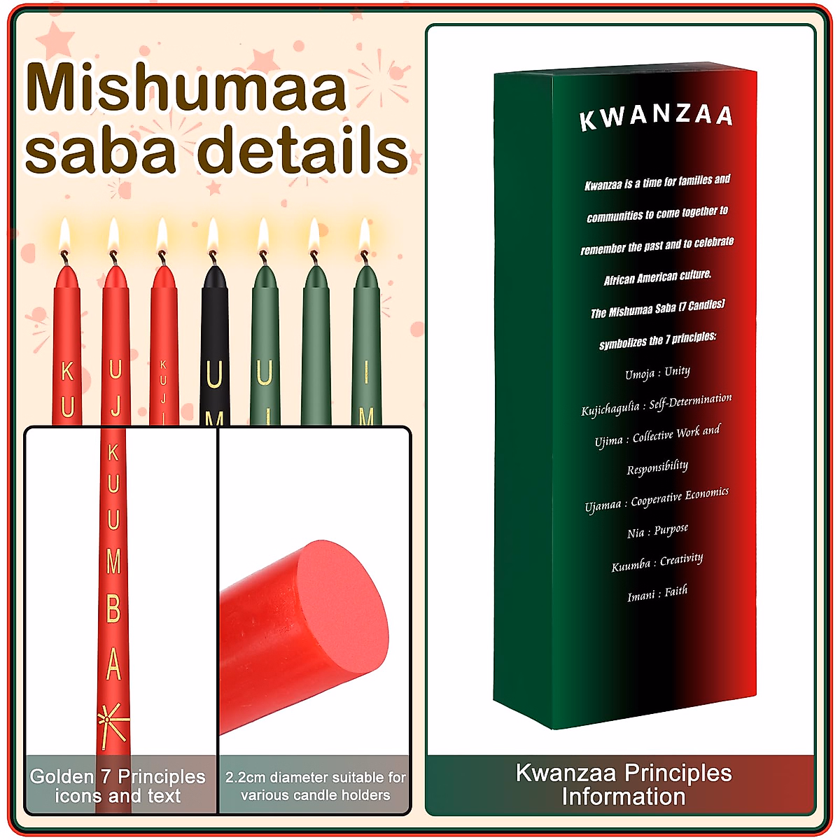 MTLEE 7 Pieces Kwanzaa Candle Set, Seven Principles Taper Candles, African Hand Dipped Unscented Candles, Reliable Quality Candles, for Kwanzaa Home Church Celebration Decor
