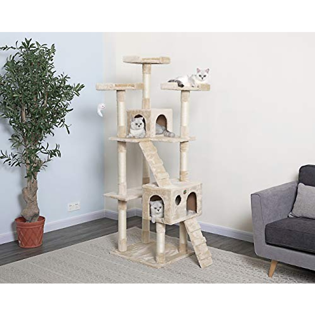 Go Pet Club 72" Premium Cat Tree Kitty Tower Kitten Condo for Indoor Cats with Scratching Posts, Condos, Ladders, Soft Perches, and Hanging Toy Cat Activity Center Furniture, Beige