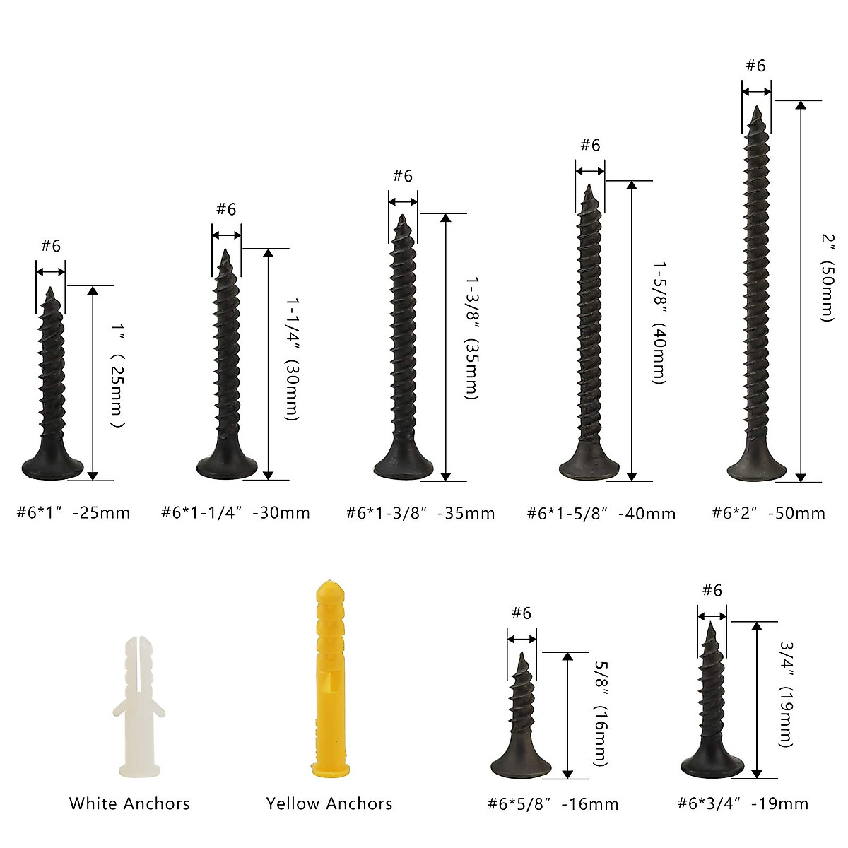SZHKM Screws Drywall Screws Quality Black Steel #6 Sharp Point Self Tapping Screws with Anchors Black Steel Wood Screws Assortment Set, Machine Screws, 250PCS - for Drywall Sheetrock, Wood and More