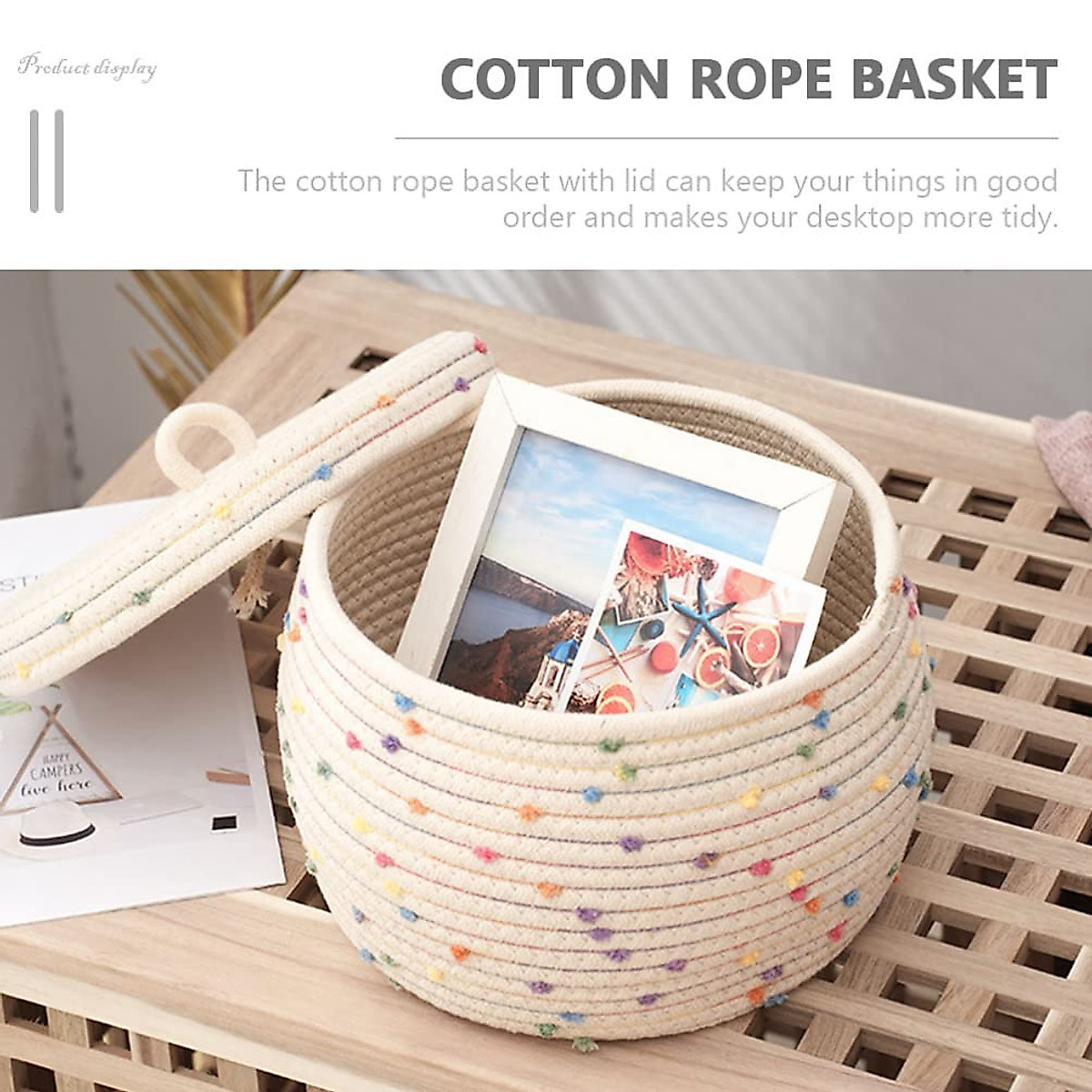 Cabilock Rope Storage Basket Countertop Baskets Woven Storage Basket Laundry Hamper Storage Baskets for Organizing Round Basket with Lid Sundries Organizer Shelf To Weave Rattan Cotton Rope