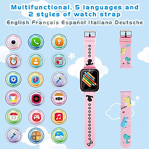 Kids Smart Watch Phone, HD Touch Screen Smartwatch with Music MP3 Player, Video Recorder, Camera, Games, SOS, Dinosaur Wristband, (1GB SD Card) Sport Wrist Watch for Age 3-14 Boys Girls Gifts-Pink