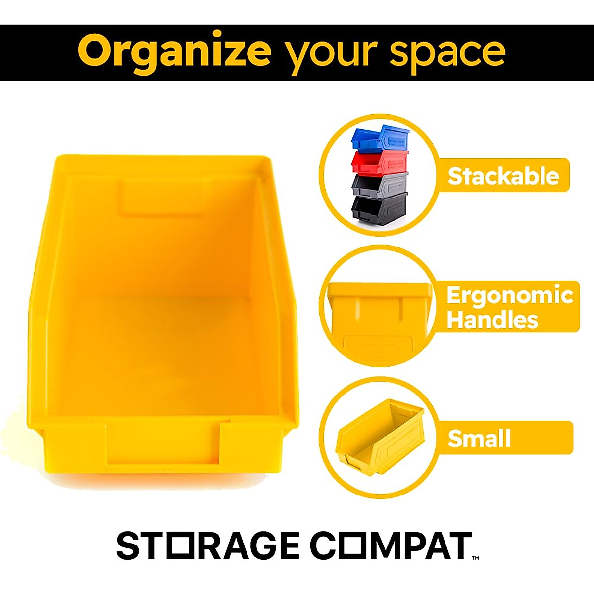 24 Pack Small Storage Bin, Wall Mount Storage, Hanging and Stacking Bin, Freestanding | 7” x 4” x 3” Plastic Container | Yellow | Zeus 1PLZ05 | StorageCompat