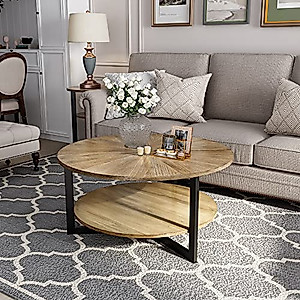 LEEMTORIG Round Coffee Table Living Room, Circle Round Coffee Table with Storage, Farmhouse Solid Wood Coffee Table, Yellowish Brown Wood Tabletop & Black Metal Frame, KFZ-1338