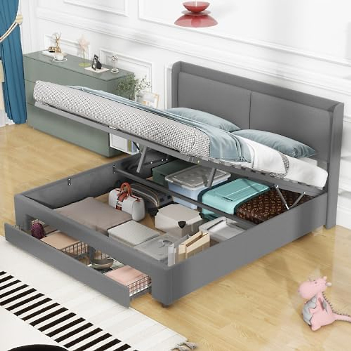 BOVZA Queen Size Lift Upholstered Platform 2 Drawers, Modern Wingback Headboard, Hydraulic Storage Bed Frame, Linen Gray