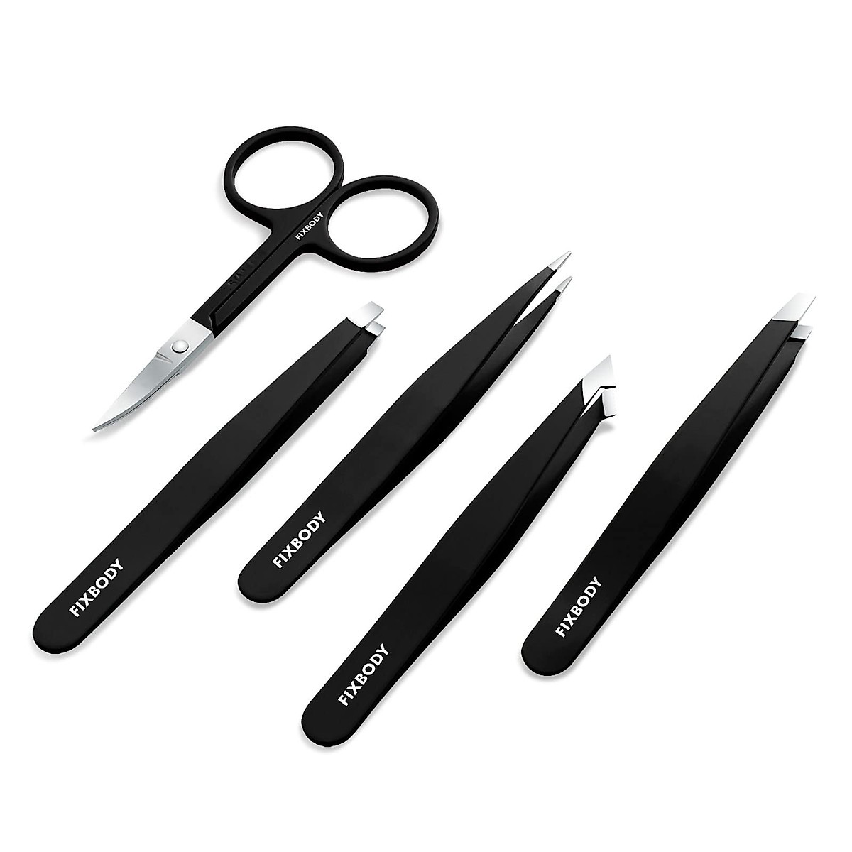 FIXBODY Tweezers Set 5-Piece - Professional Stainless Steel Tweezers with Curved Scissors, Best Precision Tweezer for Eyebrows, Splinter & Ingrown Hair Removal with Leather Travel Case