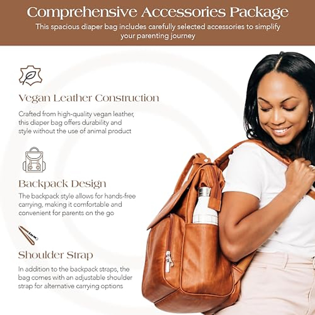 Citi Collective Explorer Brown Diaper Bag Backpack - Vegan Leather Diaper Bag with Shoulder Strap, Insulated Bottle Pockets, Changing Pad, Stroller Clip- Versatile Diaper Bag for Baby