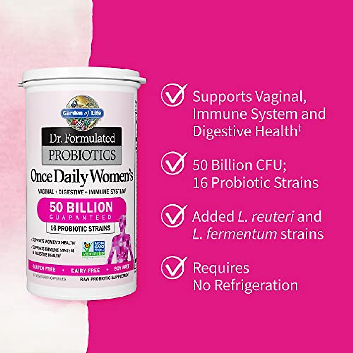Dr. Formulated Probiotics for Women & Prebiotics, 50 Billion CFU for Women’s Daily Digestive Vaginal & Immune Health, Garden of Life 16 Probiotic Strains Shelf Stable No Gluten Dairy Soy, 30 Capsules