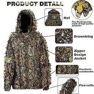 Ghillie Suit 3D Leafy Camo Suit Youth Adult Lightweight Hunting Camouflage Suits Turkey Camo Hunting Gear Camo Clothing Hooded Apparel Gilly Suit for Hunting Shooting Airsoft Wildlife Photography