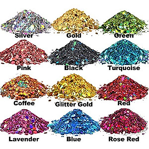 HEMOER Holographic Chunky Glitter, 12 Colors Chunky Glitter Sparkle Sequins, Cosmetic Craft Glitter Set for Epoxy Resin, Body, Face, Nail, Slime, Wedding Festival Party Decoration - 0.42oz Each Bottle