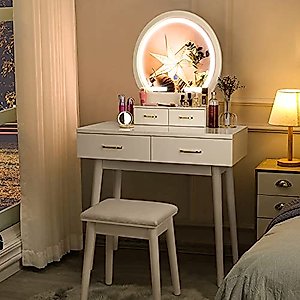 SMOOL Vanity Desk with Lighted Mirror - Vanity Table Makeup Vanity with Lights, 3 Color Lighting Modes Adjustable Brightness, 4 Drawers Makeup Table with Soft Cushioned Stool for Bedroom Studio, White