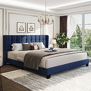 WEEWAY Queen Size Wingback Upholstered Platform Bed Frame, Box-Tufted Headboard, Wooden Slats, No Box Spring Needed, Easy Assembly, Dark Blue