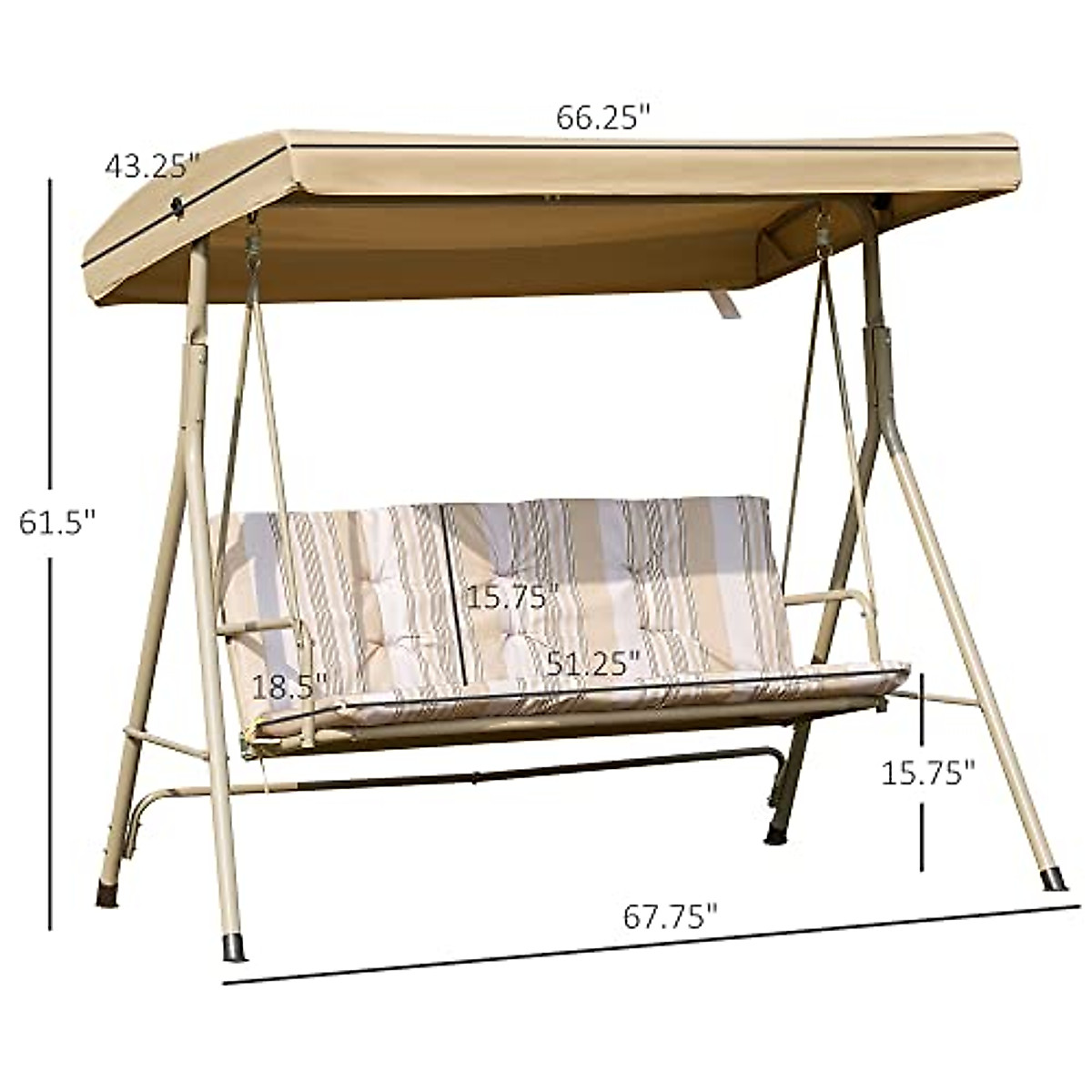 Outsunny 3-Seat Patio Swing Chair, Outdoor Canopy Swing Glider with Removable Cushion, Adjustable Shade and Weather Resistant Steel Frame, for Porch, Garden, Poolside, Backyard, Brown