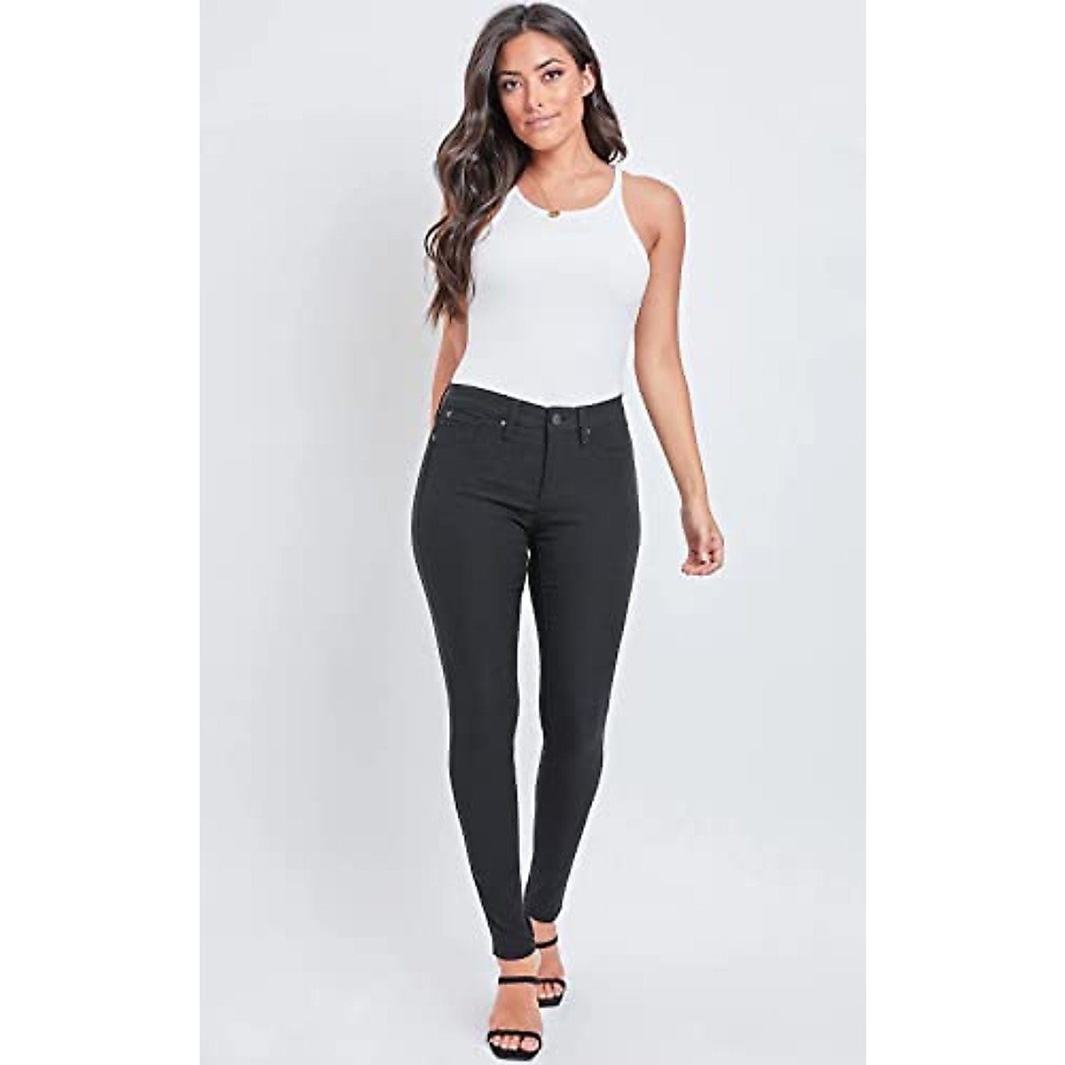 YMI Women’s Hyperstretch Skinny Pants, Mid Waisted Strech Pant, w/Zipper, 1-Button, Full Length, Stretchy, Non-Denim Jeans, Butt-Hugging, Bright Colors Black
