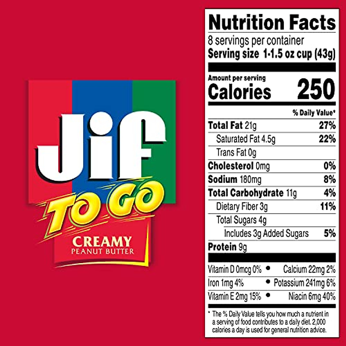 Jif To Go Creamy Peanut Butter, 8- 1.5 Ounce Cups, Smooth and Creamy Texture, Snack Size Packs
