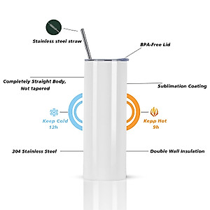 24 Pack Sublimation Tumblers Bulk 20 oz Skinny Straight, Sublimation Blanks Double Wall Stainless Steel Skinny Tumbler with Lid and Straw, Shrink Wrap Film, Individually Boxed, for Heat Press Machine