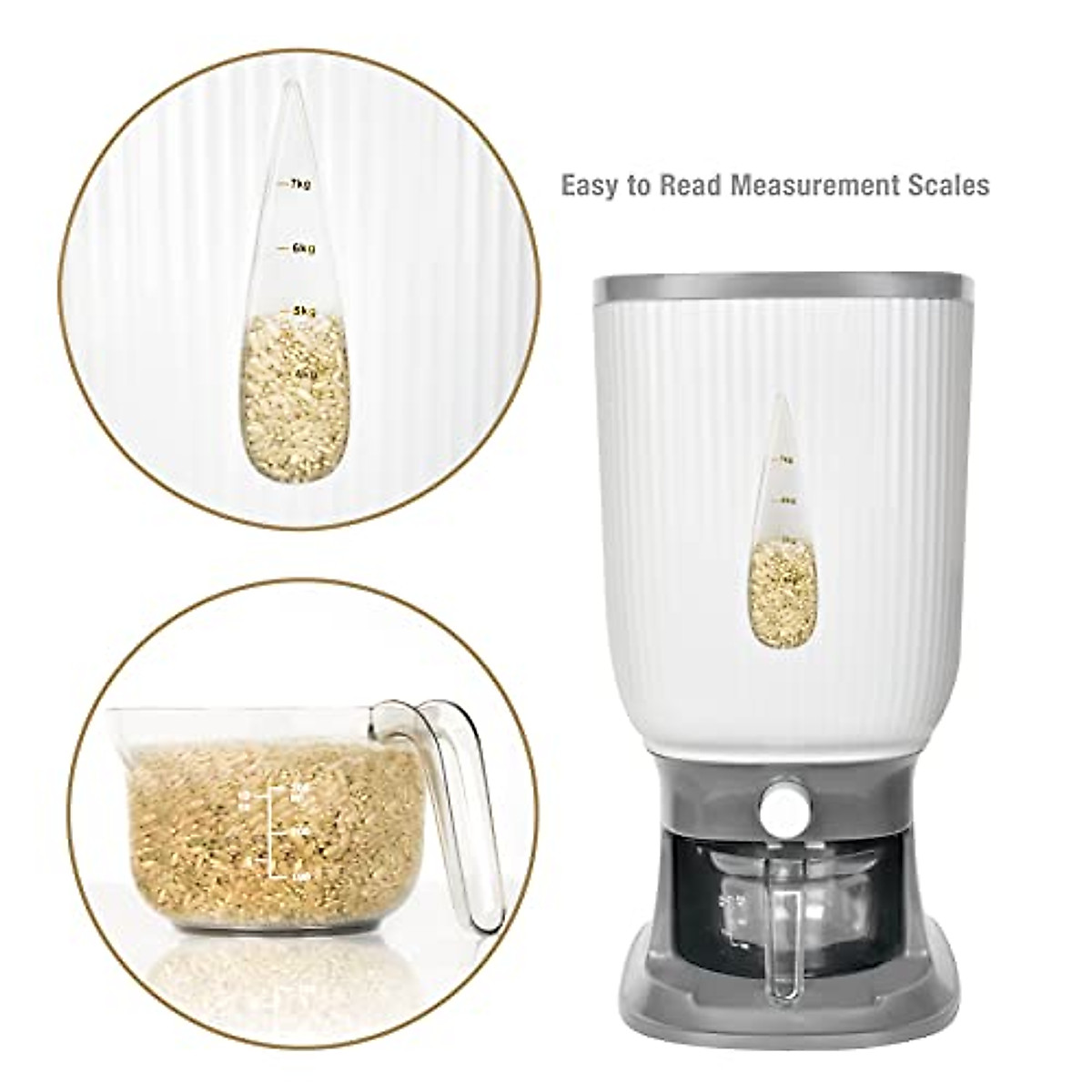 Variety Savings Coutnertop Rice Dispenser – Air Tight Rice Dispenser – Included Measuring Rice Cup & Cleaning Brush – Multipurpose Kitchen Rice Dispenser for Grains Cereal Snacks Nuts & More – 22 lbs - Gray