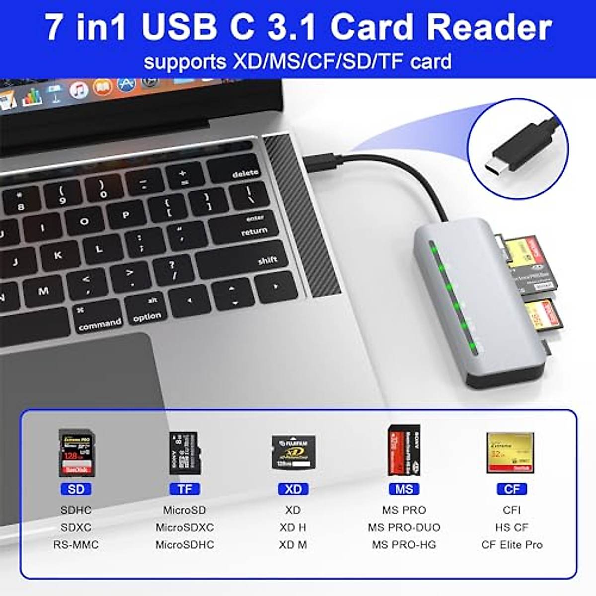 USB C Multi Card Reader, XD/MS/SD/TF/CF Type-C 5Gps High Speed 7-in-1 XD Picture Card Adapter for SDXC TF Micro SD CF MS MMC Card, Sony Memory Stick Pro Duo Adapter Read 5 Cards Simultaneously
