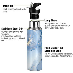 Insulated Sports Water Bottles Blue Marble Ink Modern Fluid Art Vacuum Stainless Steel Thermos Mug with Straw Lid & Handle 20 oz