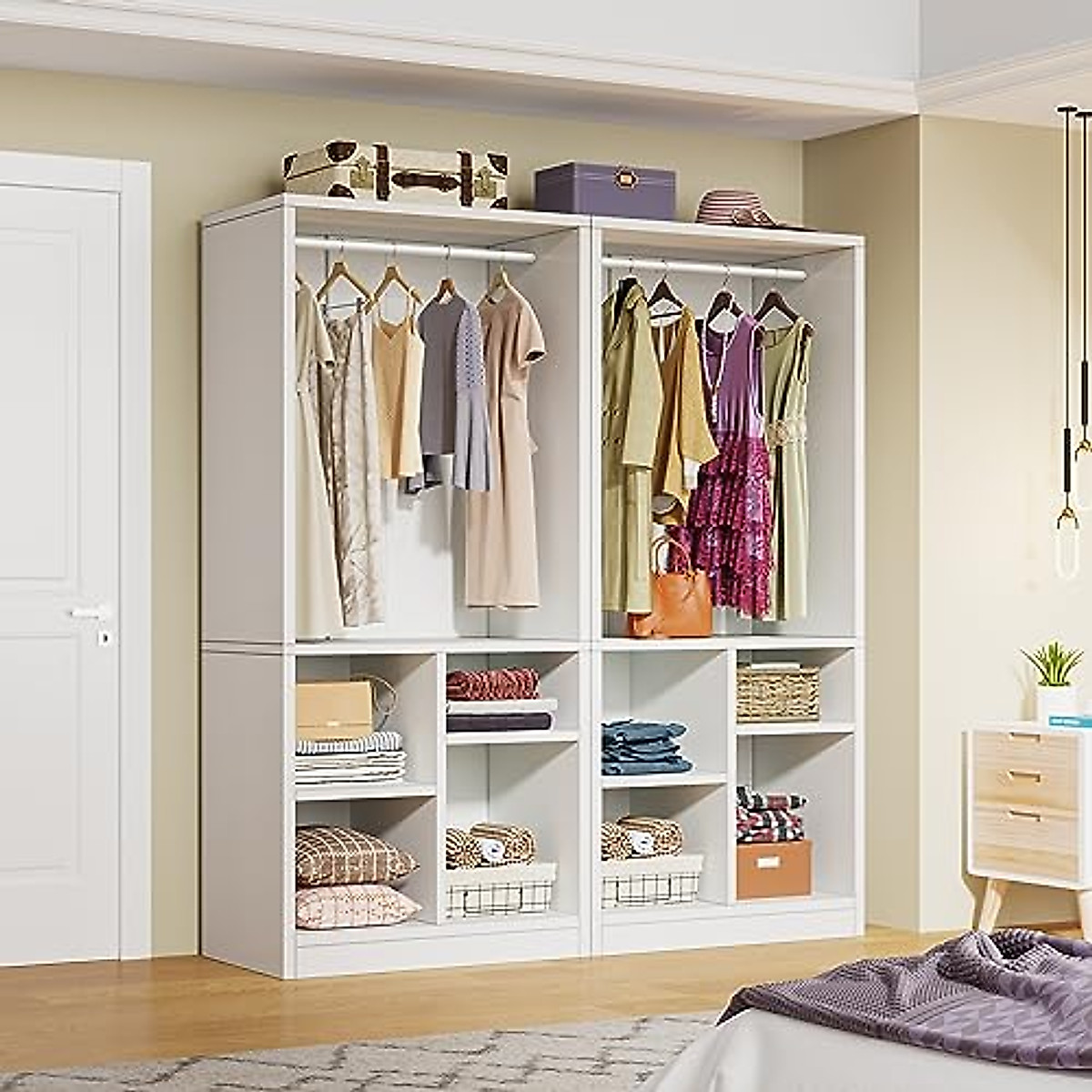 Tribesigns Wardrobe Closet, White Wood Armoire Wardrobe Closet with Open Storage Shelves and Hanging Rod, Freestanding Wardrobe Cabinet for Bedroom (1 PCS)