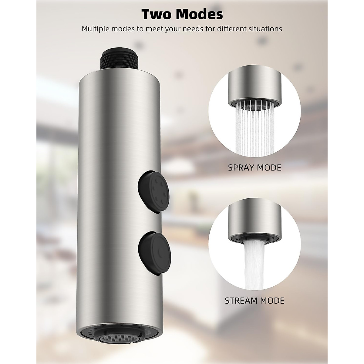 Metal Pull Down Kitchen Faucet Head Replacement with 15 Adapters, Pull Out Sink Spray Head, 2 Function Spray Nozzle Compatible with Moen, American Standard, Delta, Kohler Faucets, Brushed Nickel