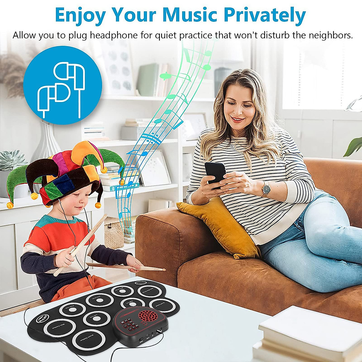 KOCASO Electric Drum Pad Foldable 10-Drum Silicon Drum Kit Dual-Pedal Foldable Electronic Drum Set Machine with Drum 2 Sticks Headphone Jack Speaker for Kids, Beginners