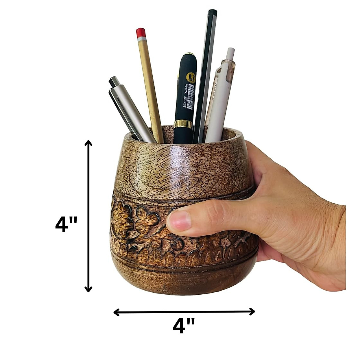 Mie Creations Designer Pencil Holder for Desk Wood | Paintbrush Cup, Desk Accessories, Cute Make Up Brush Organizers | Office Desktop, Wooden Pen Stand | Stationery, Christmas Holiday Gift- 4'' Brown