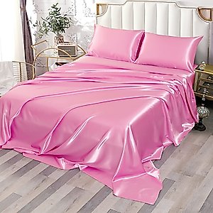 Sfoothome Twin Satin Sheets [3-Piece, Pink] Hotel Luxury Silky Bed Sheets - Microfiber Sheet Set, Wrinkle, Fade, Resistant - Deep Pocket Fitted Sheet, Flat Sheet, Pillow Cases