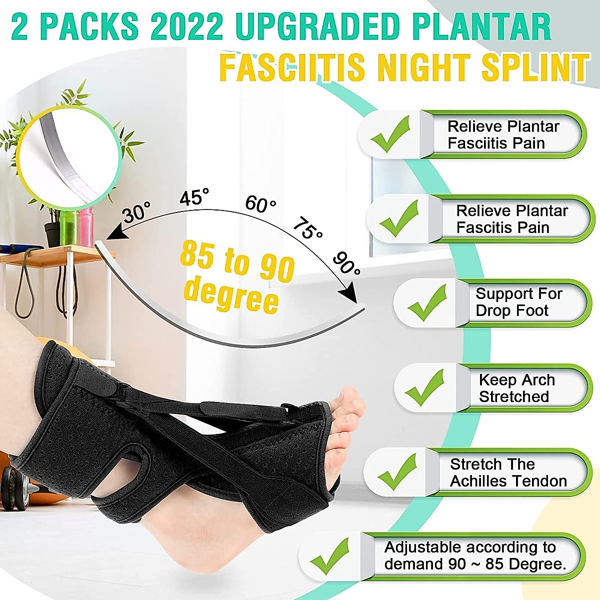 AZOJOY Plantar Fasciitis Night Splint: 2 Packs Upgrade 3 Adjustable Straps Plantar Fasciitis Relief Night Splint for Women & Men, Relief Brace Achilles Tendonitis and Foot Drop Heel Arch Pain