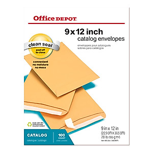 Office Depot Clean Seal(TM) Catalog Envelopes, 9in. x 12in., 20% Recycled, Brown, Pack Of 100, 77922