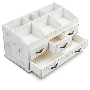 MyGift 7-Compartment Shabby Whitewashed Solid Wood Jewelry/Cosmetics Vanity Organizer Rack with 4 Vintage Storage Drawers