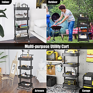 Devo 4 Tier Utility Rolling Cart, Heavy Duty Storage Cart, with Handle, 4 Side Hooks, 2 Storage Cups and Lockable Wheels, Organizer Cart for Bathroom Kitchen Office Classroom, Black