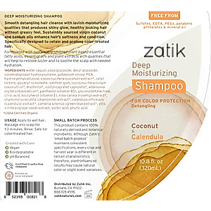 Zatik Naturals - Deep Moisturizing Shampoo with Coconut & Calendula - Vegan Bio-degradable pH balanced, for Colored and Dry Hair, Free From Sulfates, phthalates & Synthetic Fragrances - 10.8 Fl Oz