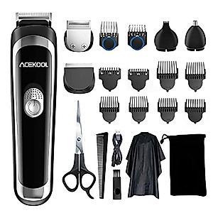 Acekool Hair Trimmer for Men, Cordless Hair Clippers 19 in 1 Waterproof Electric Beard Trimming Body Mustache Nose Ear Facial with Hairdressing Cape Kit Black