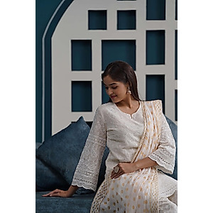 MAGHMA Chikankari Kurtis for Women Pakistani Salwar Kameez Suit Set Indian Dresses Cream White Kurti Pant & White Color Dupatta Set (L)