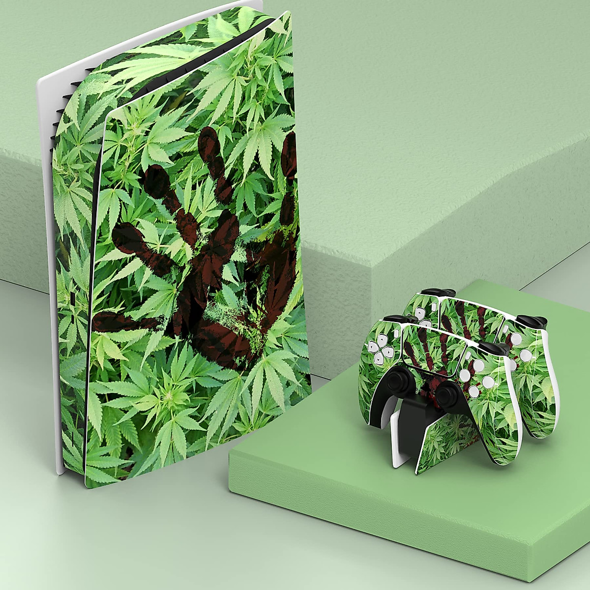 PlayVital Blood Handprint Weeds Full Set Skin Decal for ps5 Console Digital Edition, Sticker Vinyl Decal Cover for ps5 Controller & Charging Station & Headset & Media Remote