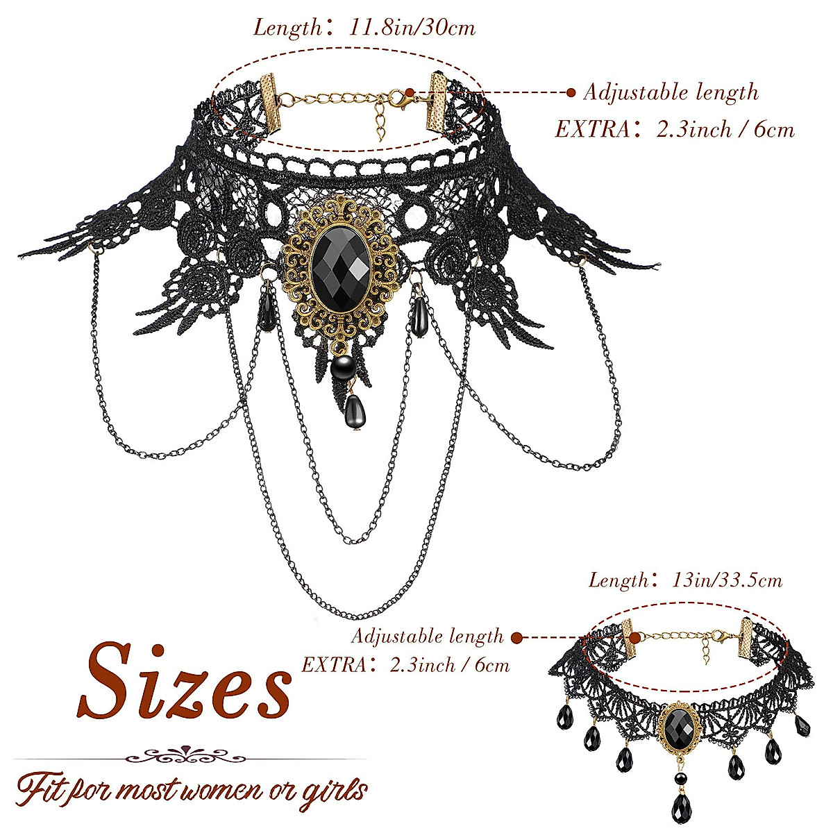 MTLEE 9 Pieces Black Gothic Lace Choker for Women Black Victorian Choker Elegant Retro Necklaces for Girl Punk Party Steampunk Vampire Cosplay Costumes Jewelry