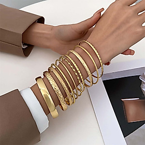 Zeshimb Gold Bangle Bracelet Set for Women Multi Stacking Wide Bangles Indian Bollywood Chunky Bangle Bracelets Ethnic Glossy Textured Bracelets Wedding Outfit Jewelry (10Pcs)
