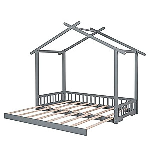 AOCOROE House Bed Frame Twin/King Bed Frame for Boys and Girls, Wood Extending Twin to King Extendable Playhouse-Design Montessori Floor Bed Platform Bed Frame with Trundle