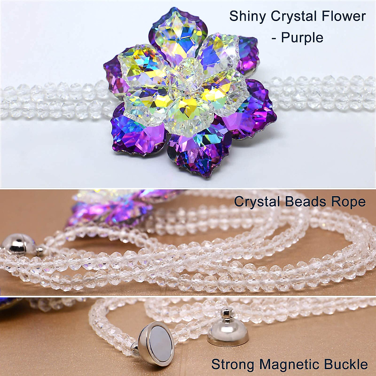 Magnetic Curtain Tiebacks, Crystal Flower Curtain Drapery Holdbacks with Crystal Beads Rope Window Curtain Decorative for Home Office Decor (Purple)