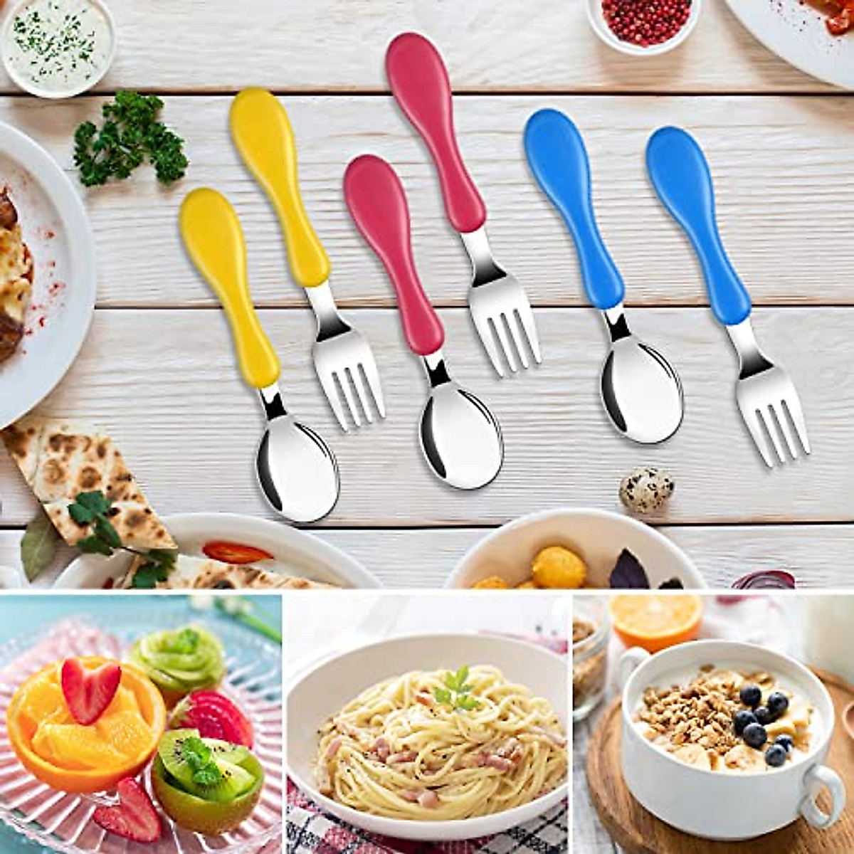 Vicloon Toddler Utensils, 6 Pcs Stainless Steel Baby Forks and Spoons Silverware Set, Children Safe Spoons and Forks with Flat Handle, Baby Feeding Cutlery, Dishwasher Safe (Yellow Red Blue)