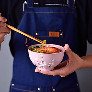 Panbado 5 Pcs Ceramic Bowls Set, 330ml Japanese Style Porcelain Bowls, 5 Colors Rice Bowl Set With White Cherry Blossom Pattern For Dessert Snack Cereal Soup